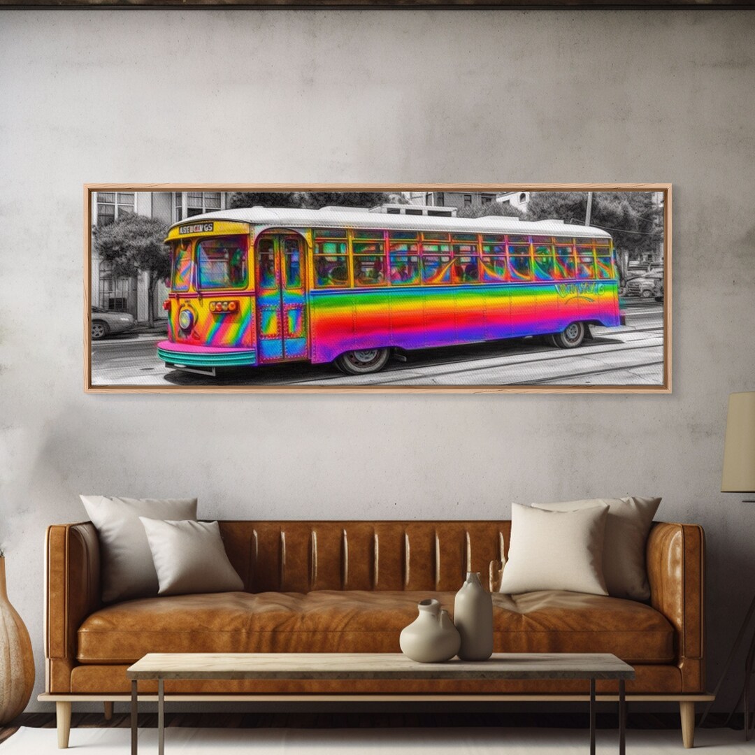 Rainbow Tram Wall Art Print, Streetcar Canvas, Colored Pencil Art ...