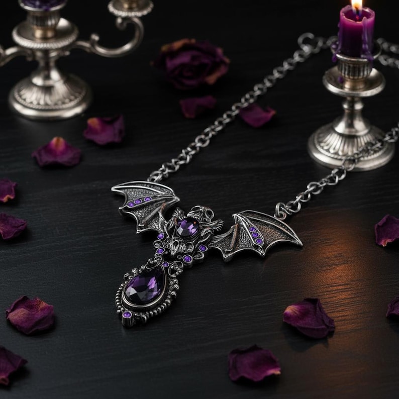 Gothic Bat Pendant – Stainless Steel Skull With Purple Gems - Etsy