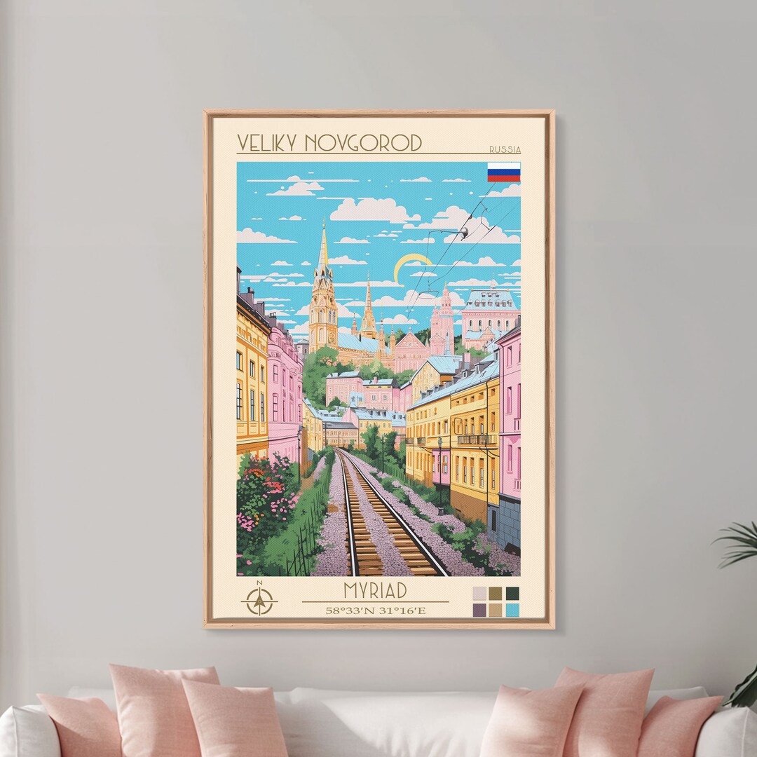 Veliky Novgorod Russia Travel Poster Framed Canvas Print, Midcentury ...