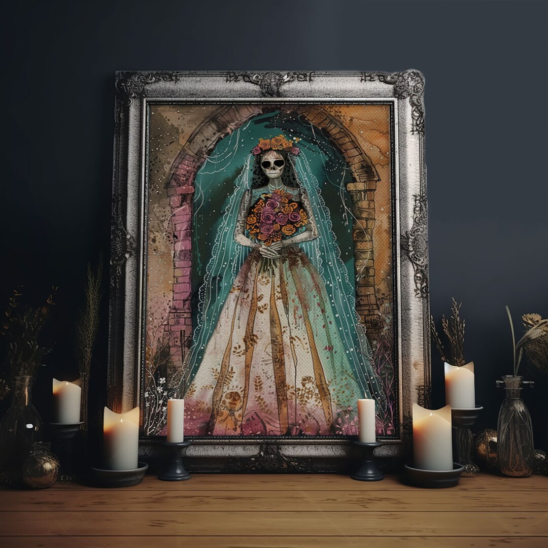 Skeleton Bride in Floral Arch Framed Canvas Print | Halloween Bride Art ...