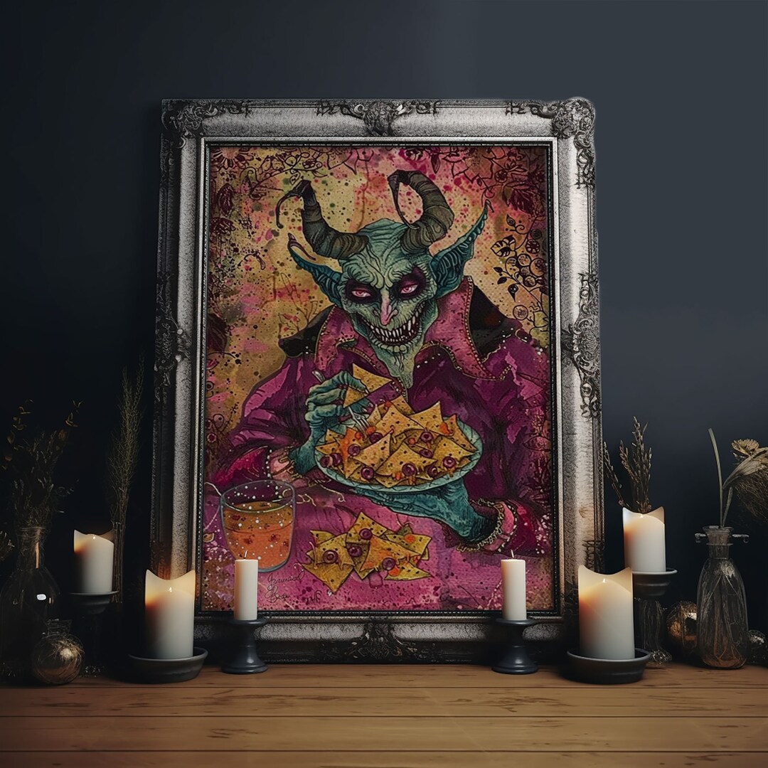 Spooky Demon Eating Chips Framed Canvas Print, Halloween Art, Unique ...