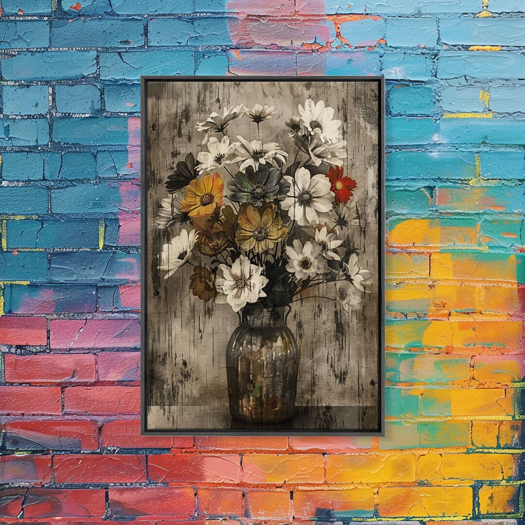 Rustic Metal Vase With Wildflowers on a Distressed Background Framed ...