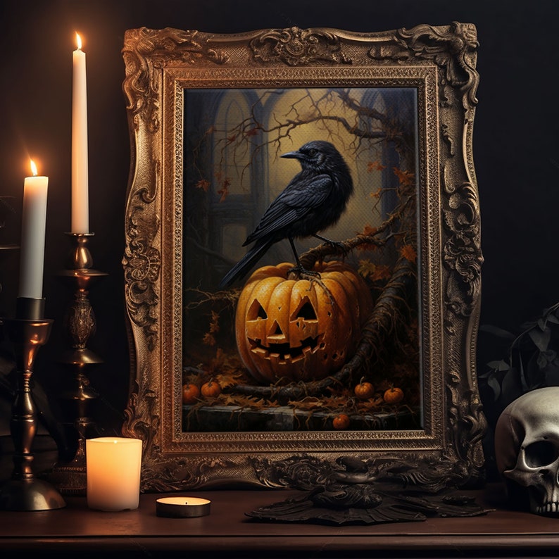 Raven Atop A Jack O Lantern Framed Canvas Print Halloween - Etsy