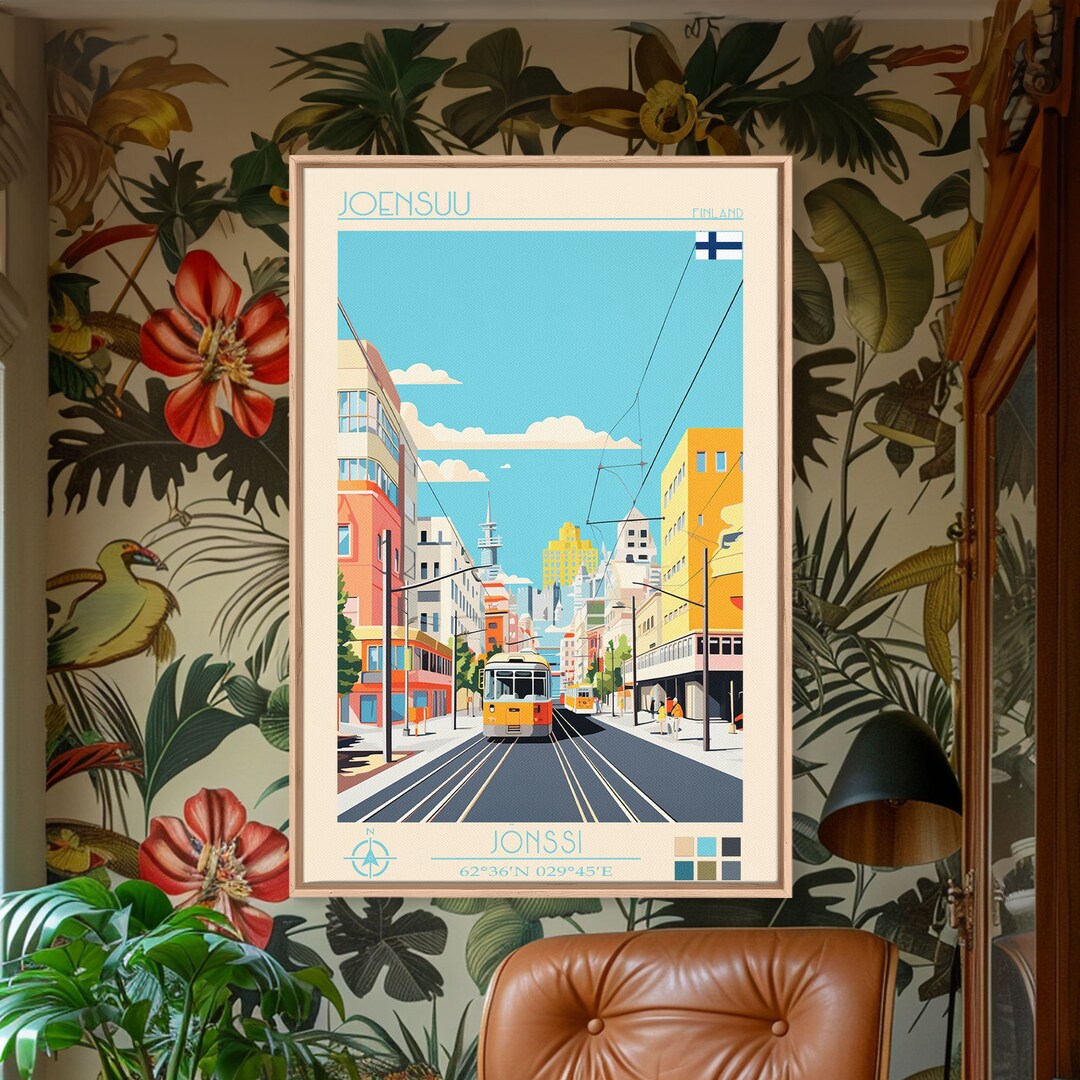 Joensuu Finland Travel Poster Framed Canvas Print, Midcentury Modern ...