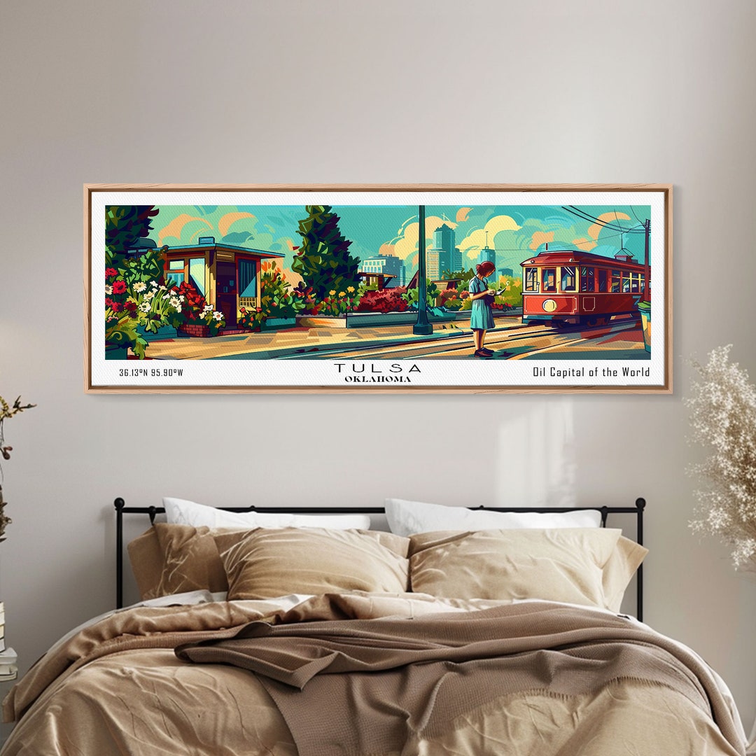 Tulsa Oklahoma Panoramic Painting, Mid Century Modern Framed Canvas ...