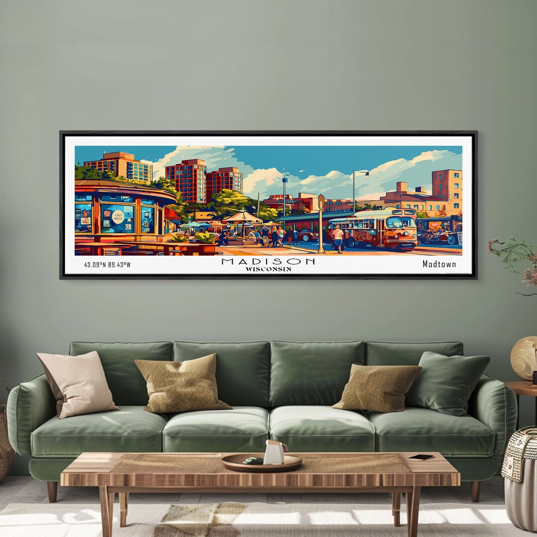 Madison Wisconsin Panoramic Painting, Mid Century Modern Framed Canvas ...