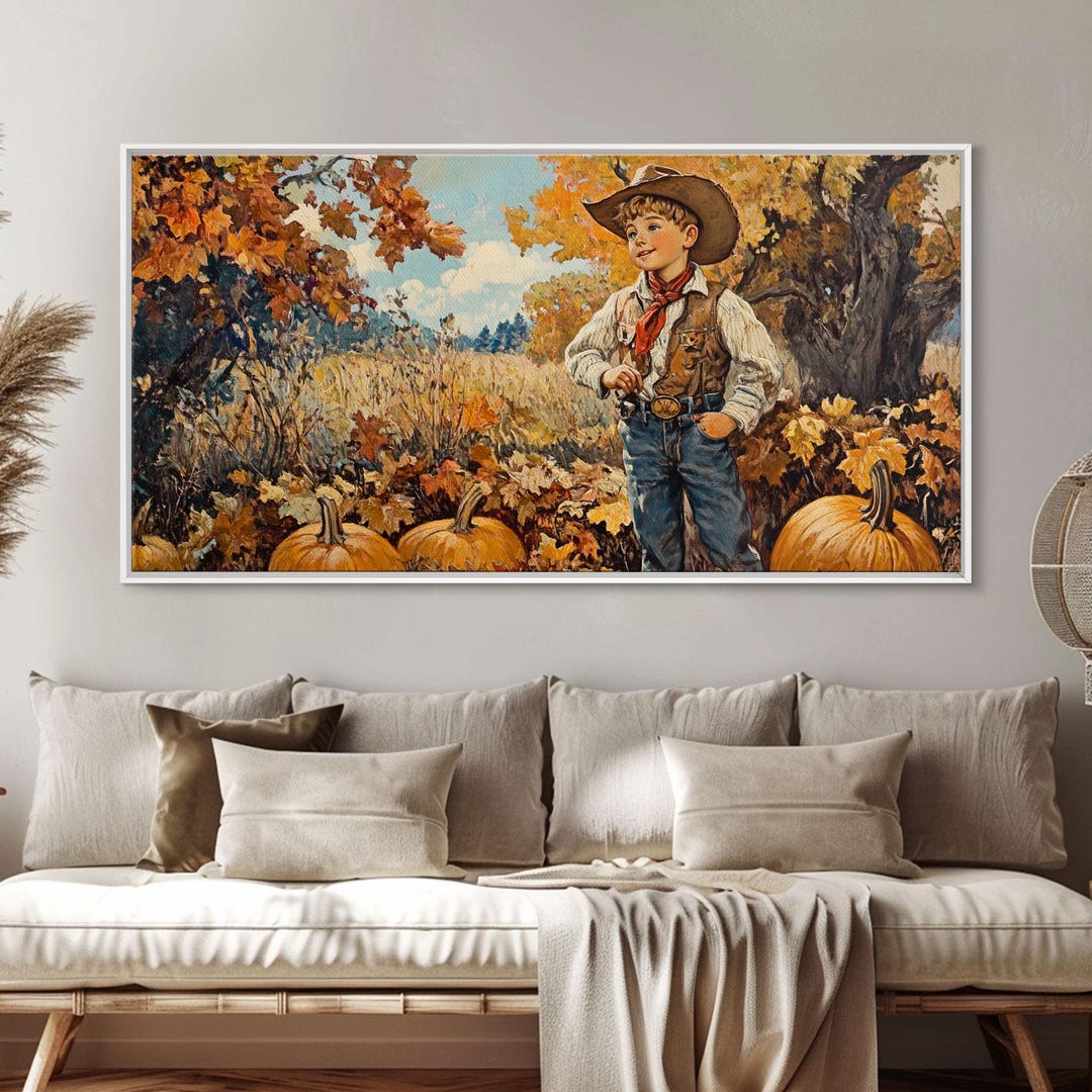 Vintage Fall Cowboy Framed Canvas Print, Retro Autumn Wall Art ...