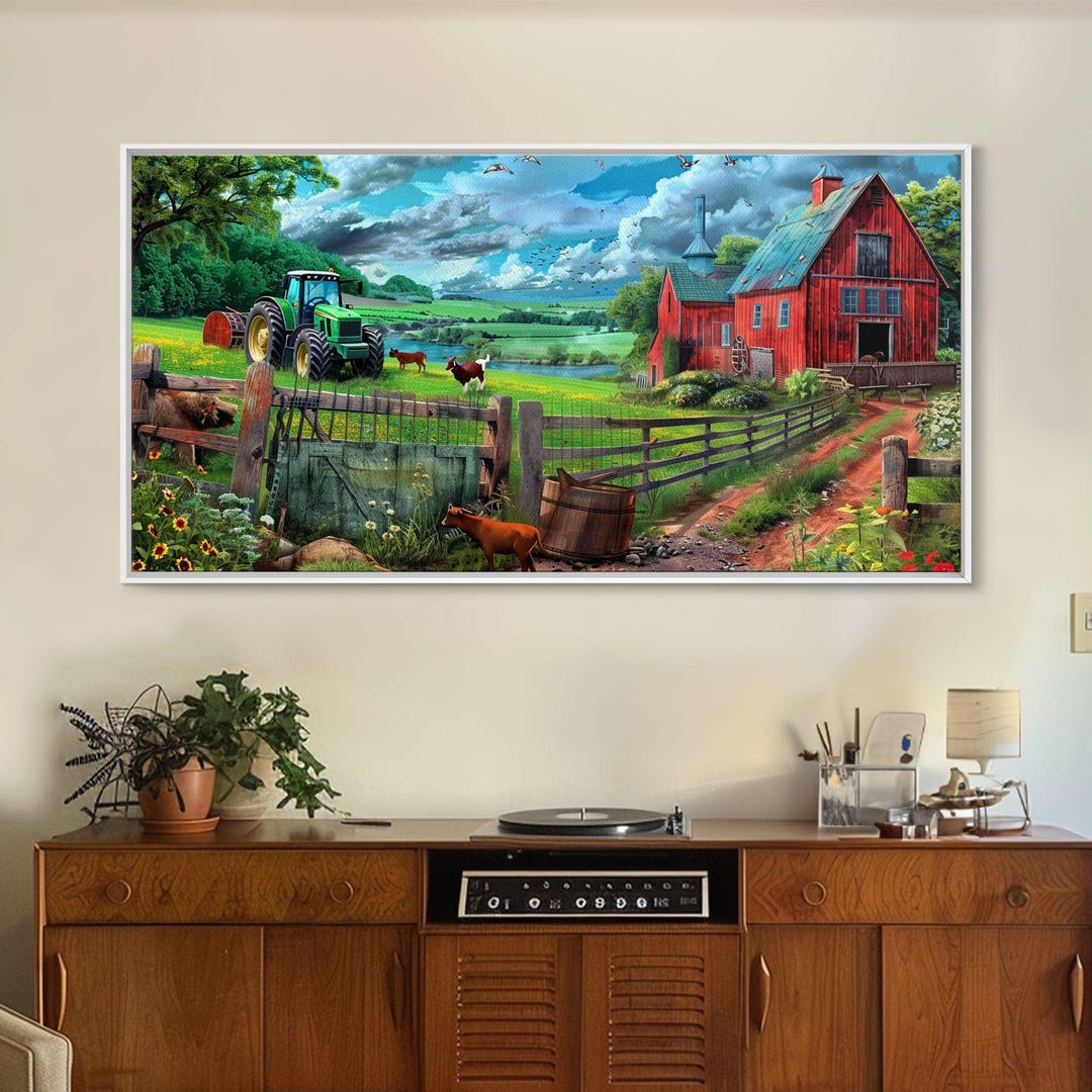 Green Tractor & Red Barn Canvas Print: Farm Animal Country Wall Art - Etsy