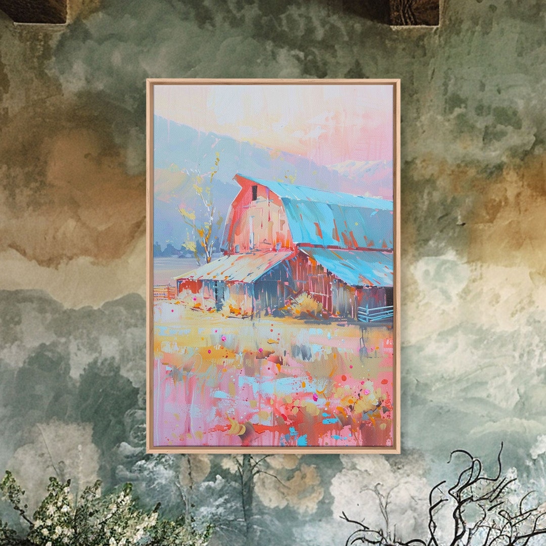 Rustic Pastel Barn in Countryside Landscape - Framed Canvas Print ...