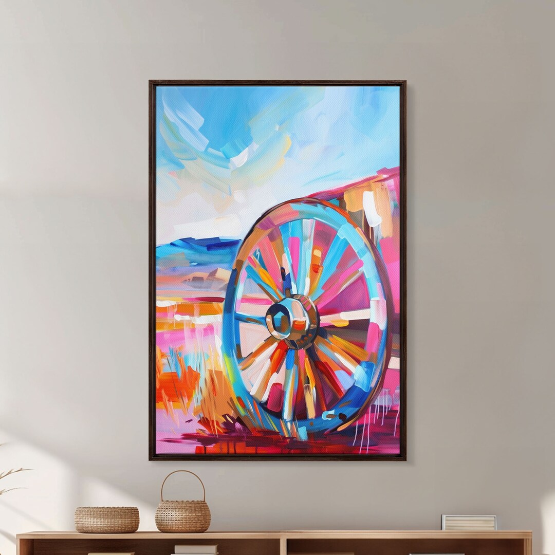 Rustic Wagon Wheel Art - Framed Canvas Print, Colorful Farmhouse Decor ...
