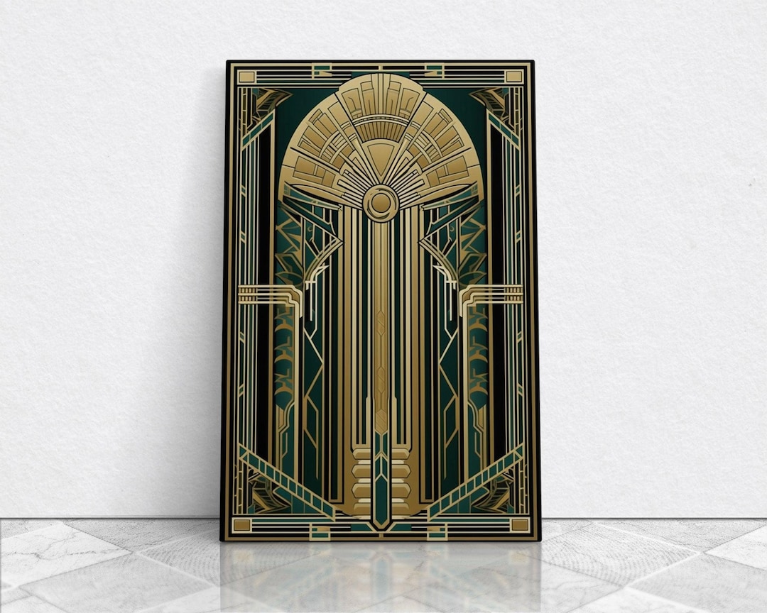 Art Deco Framed Canvas Print: Gold & Green Stained Glass Style - Etsy