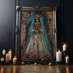 Skeleton Bride in Floral Arch Framed Canvas Print | Halloween Bride Art ...