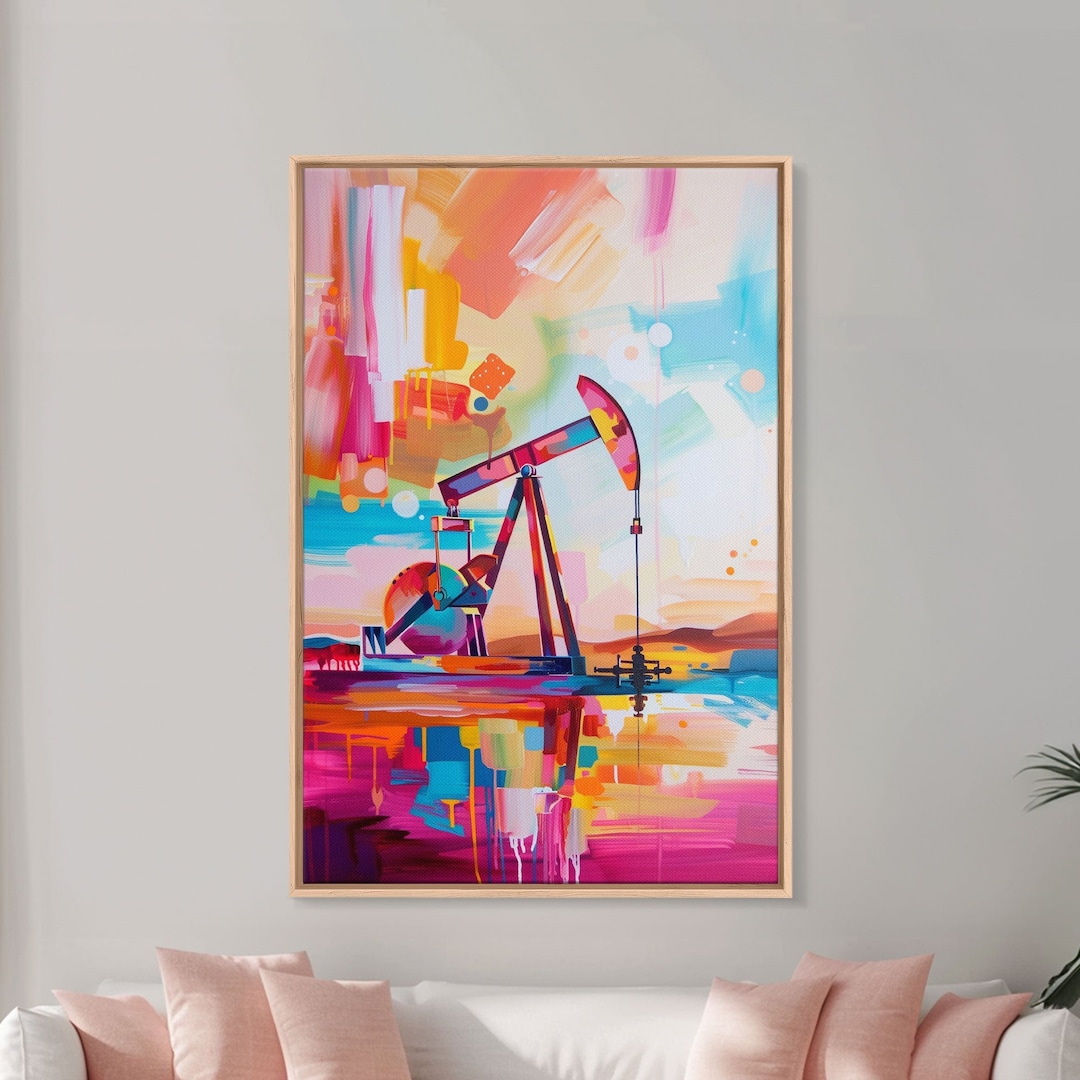 Vibrant Abstract Oil Rig Art - Framed Canvas Print, Modern Industrial ...