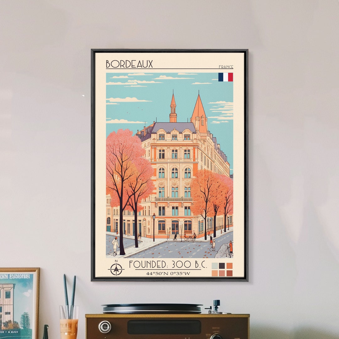 Bordeaux France Travel Poster Framed Canvas Print, Midcentury Modern ...