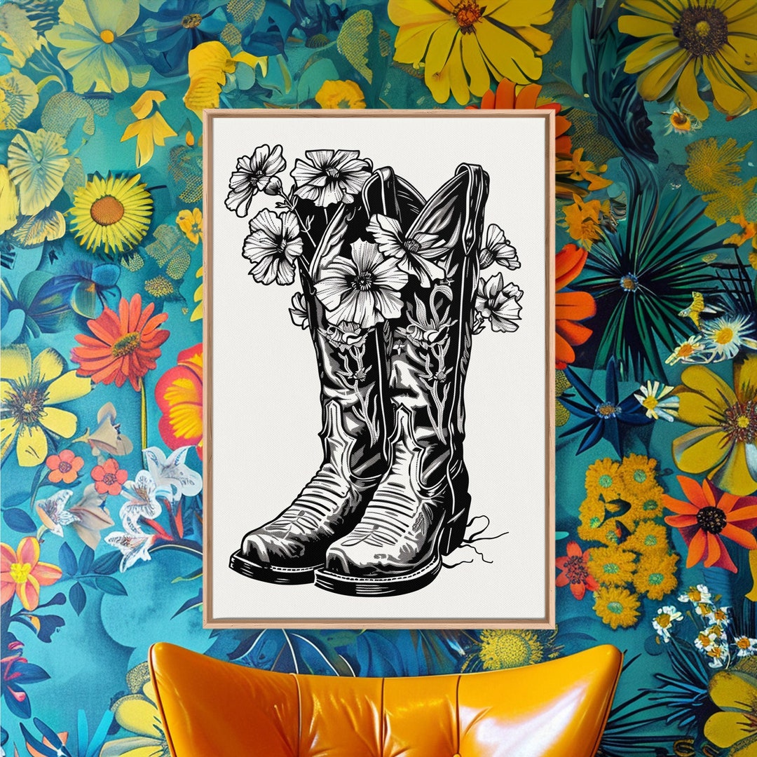 Floral Cowboy Boots Art Print, Retro Western Framed Canvas, Vintage ...