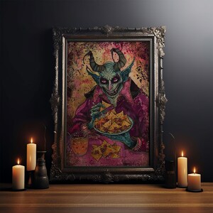 Spooky Demon Eating Chips Framed Canvas Print, Halloween Art, Unique ...