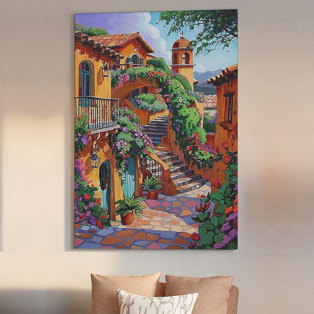 Mexican Style Outdoor Courtyard Scene With Flowers and Fountains Framed ...