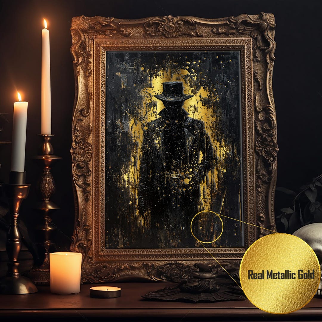Dark Cowboy Horror Silhouette Metallic Gold Art, Spooky Season Creepy ...