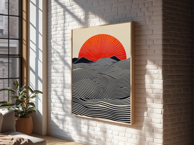 Japanese Sunset Line Art: Geometric Waves, Framed Canvas Print - Etsy