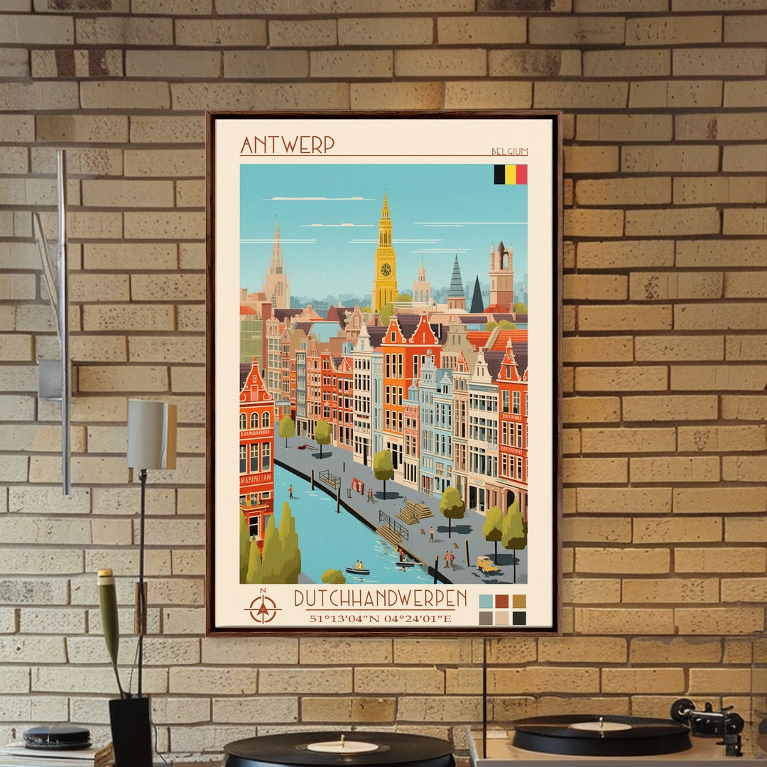 Antwerp Belgium Travel Poster Framed Canvas Print, Midcentury Modern ...