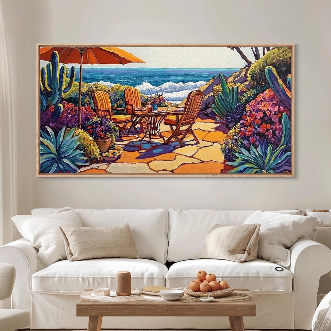 Seaside Patio Framed Canvas Print: Coastal Dining Room Wall Art - Etsy