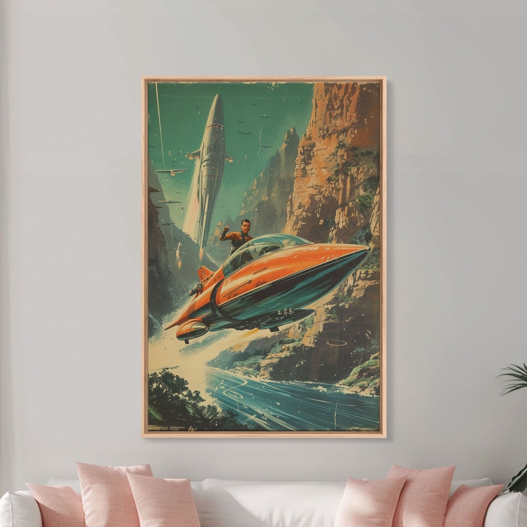 Retro Futuristic Rocket Ship Art Framed and Printed on Canvas, Vintage ...
