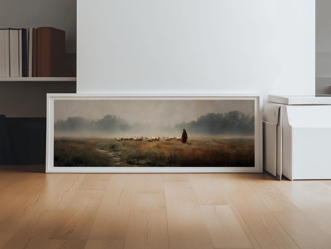 Misty Shepherd Field | Framed Canvas Print | Panoramic Painting ...