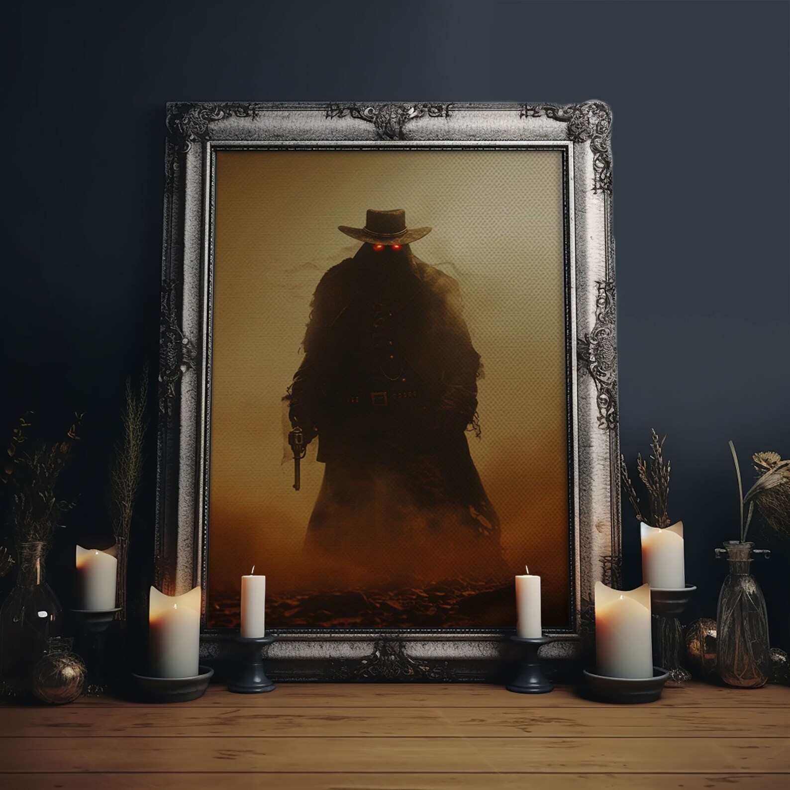 Mysterious Cowboy With Glowing Red Eyes in Desert Halloween Wall Art ...