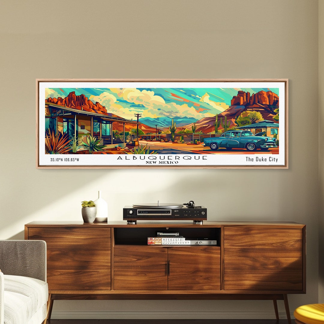 Albuquerque New Mexico Panoramic Painting Framed Canvas Print, Mid ...