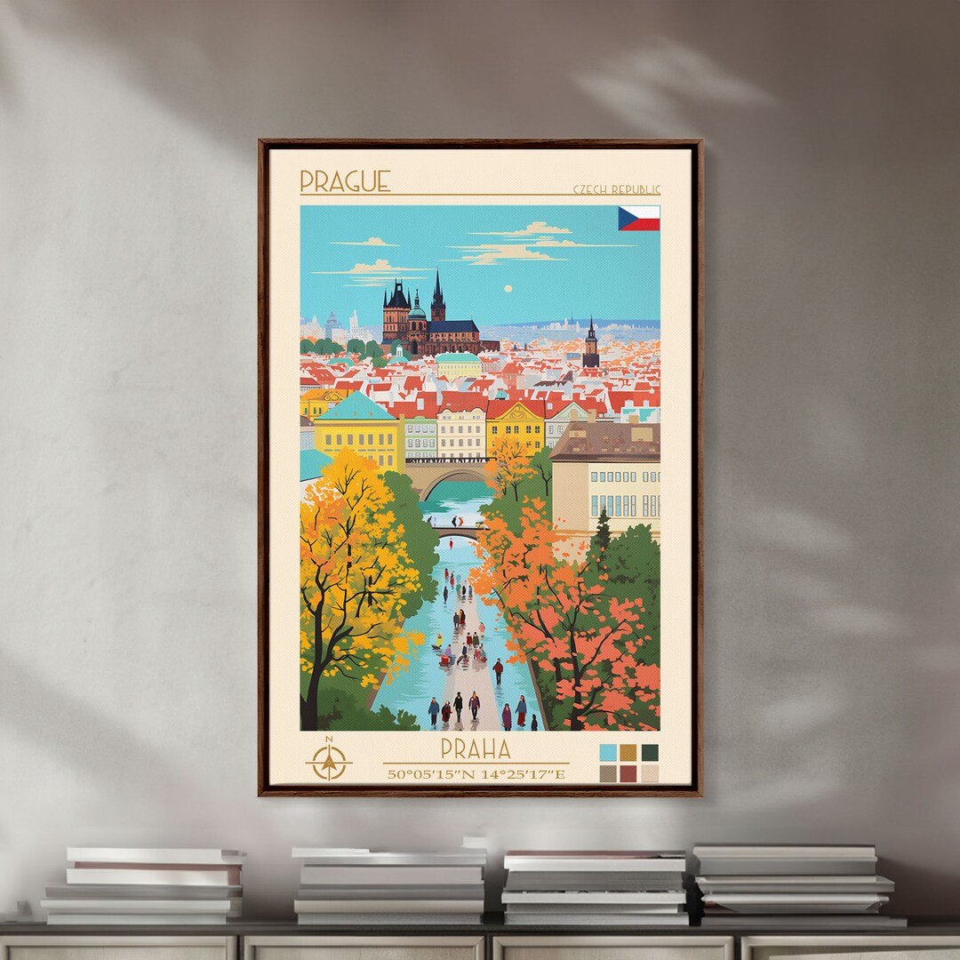 Prague Czech Republic Travel Poster Framed Canvas Print, Vintage Style ...