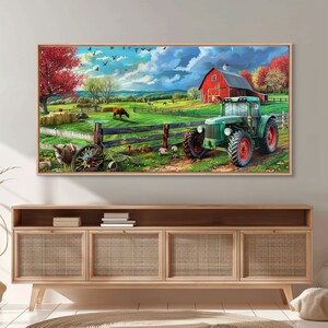 Green Tractor and Red Barn in Lush Fields, Perfect Farmhouse Art ...