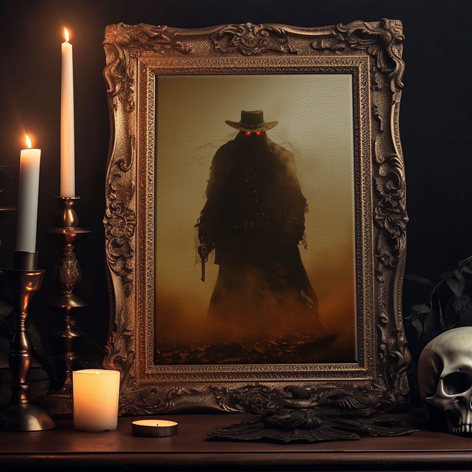 Mysterious Cowboy With Glowing Red Eyes in Desert Halloween Wall Art ...