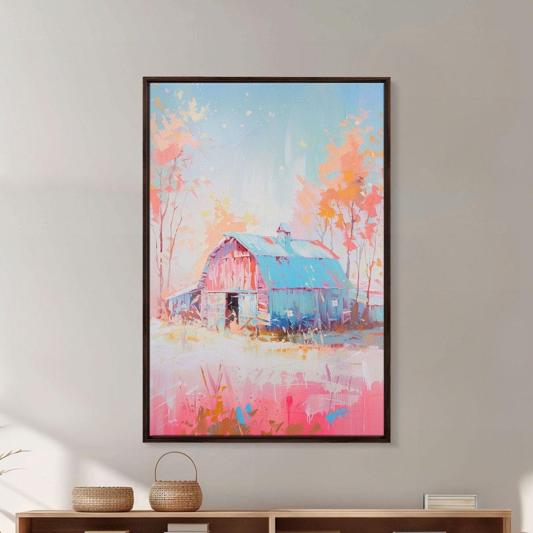 Vintage Pastel Barn With Blue Roof and Trees - Framed Canvas Print ...