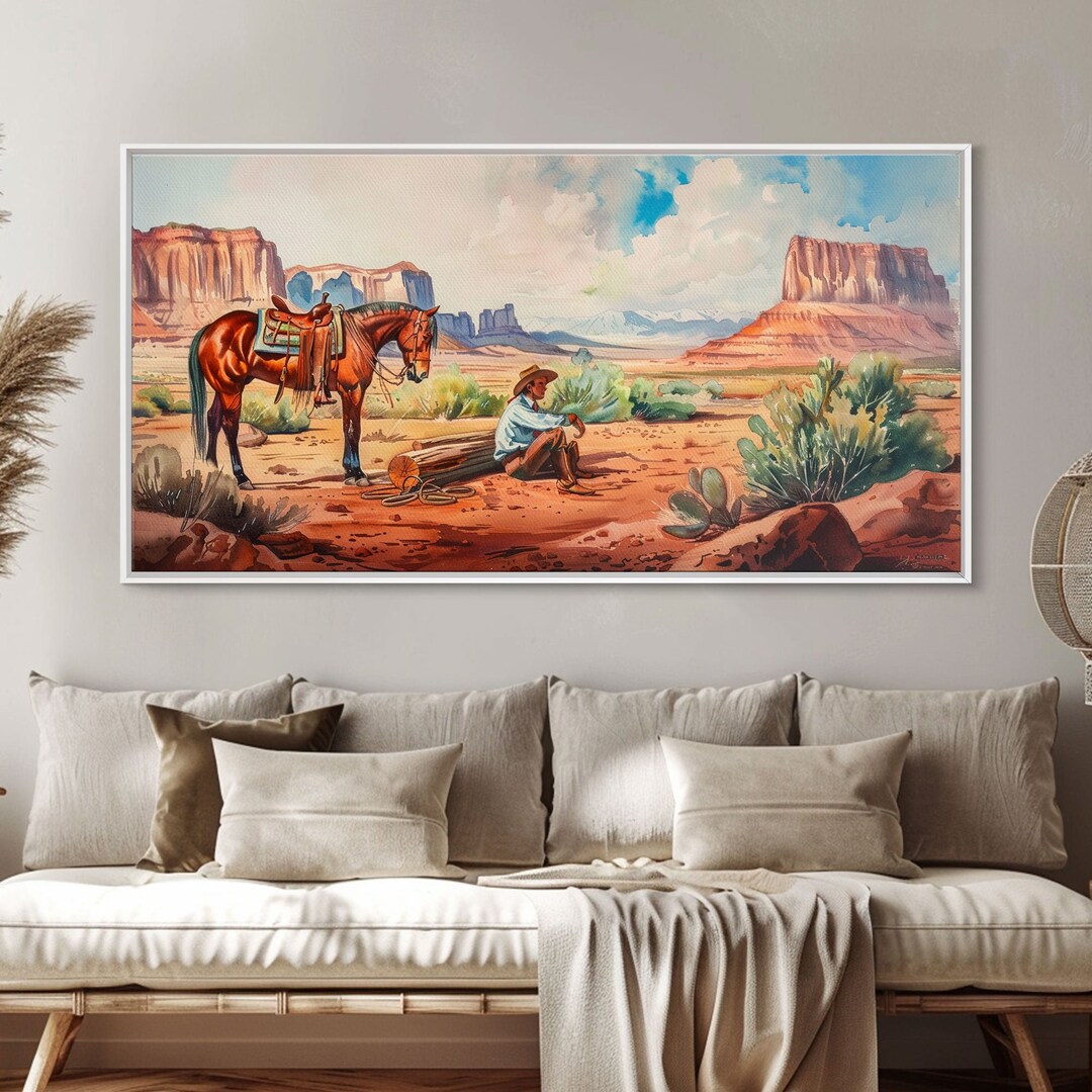 Cowboy Resting by Horse in Desert Scene, Rustic Farmhouse Art, Framed ...