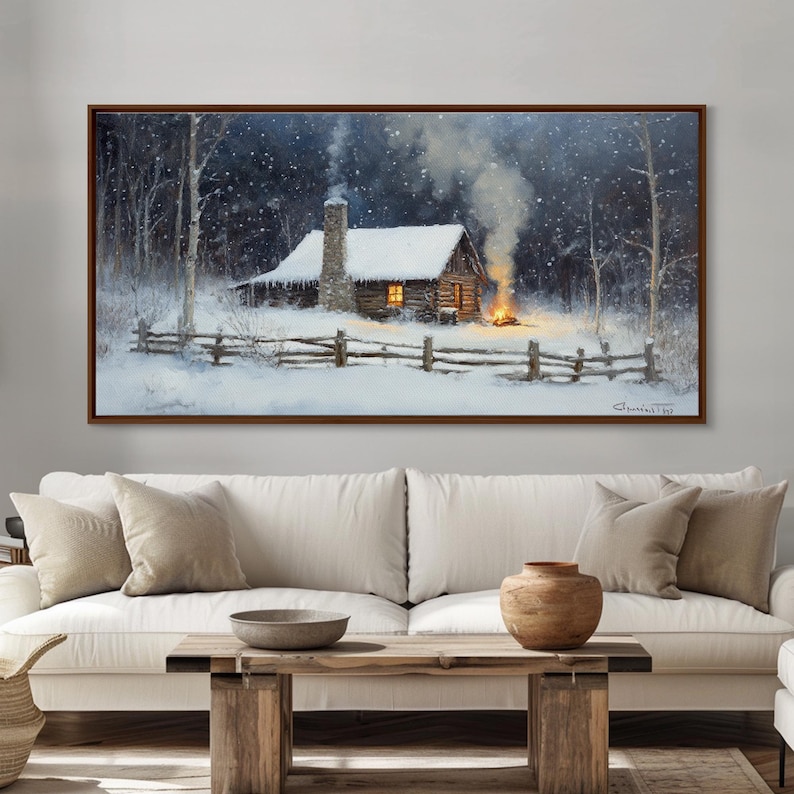 Rustic Cabin in Snow Framed Canvas Print: Cozy Winter Art - Etsy