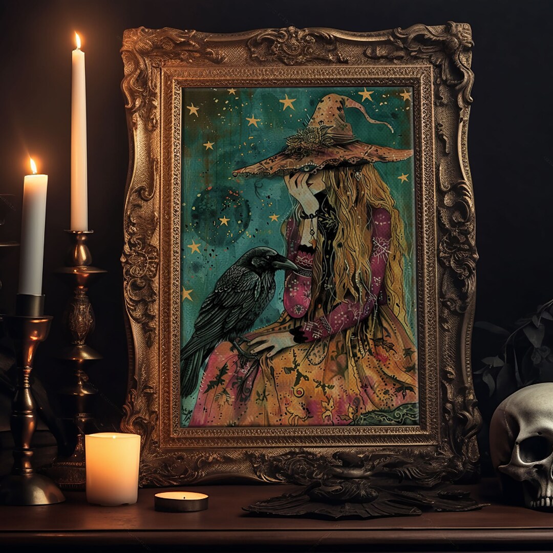 The Witch and Her Sassy Raven Framed Canvas Print, Spooky Decor ...