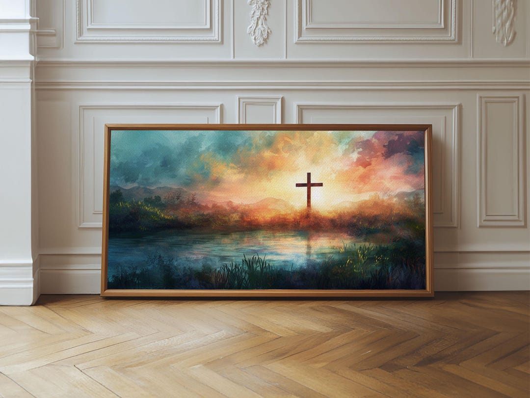 Christian Wall Art Landscape Painting Canvas Print, Beautiful Cross and ...