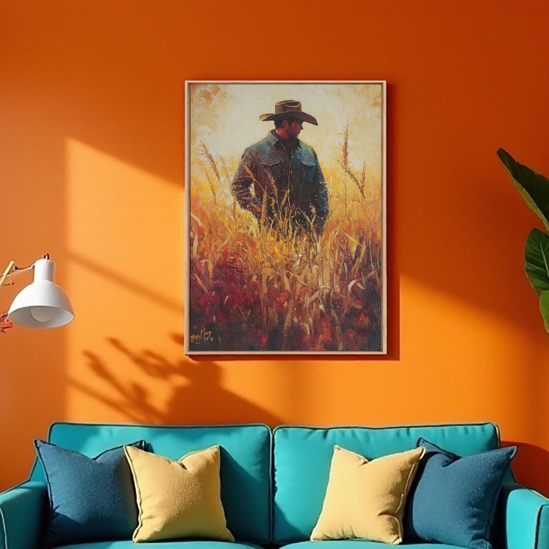 Cowboy in Golden Wheat Field Canvas Print, Western Landscape Art Gift ...