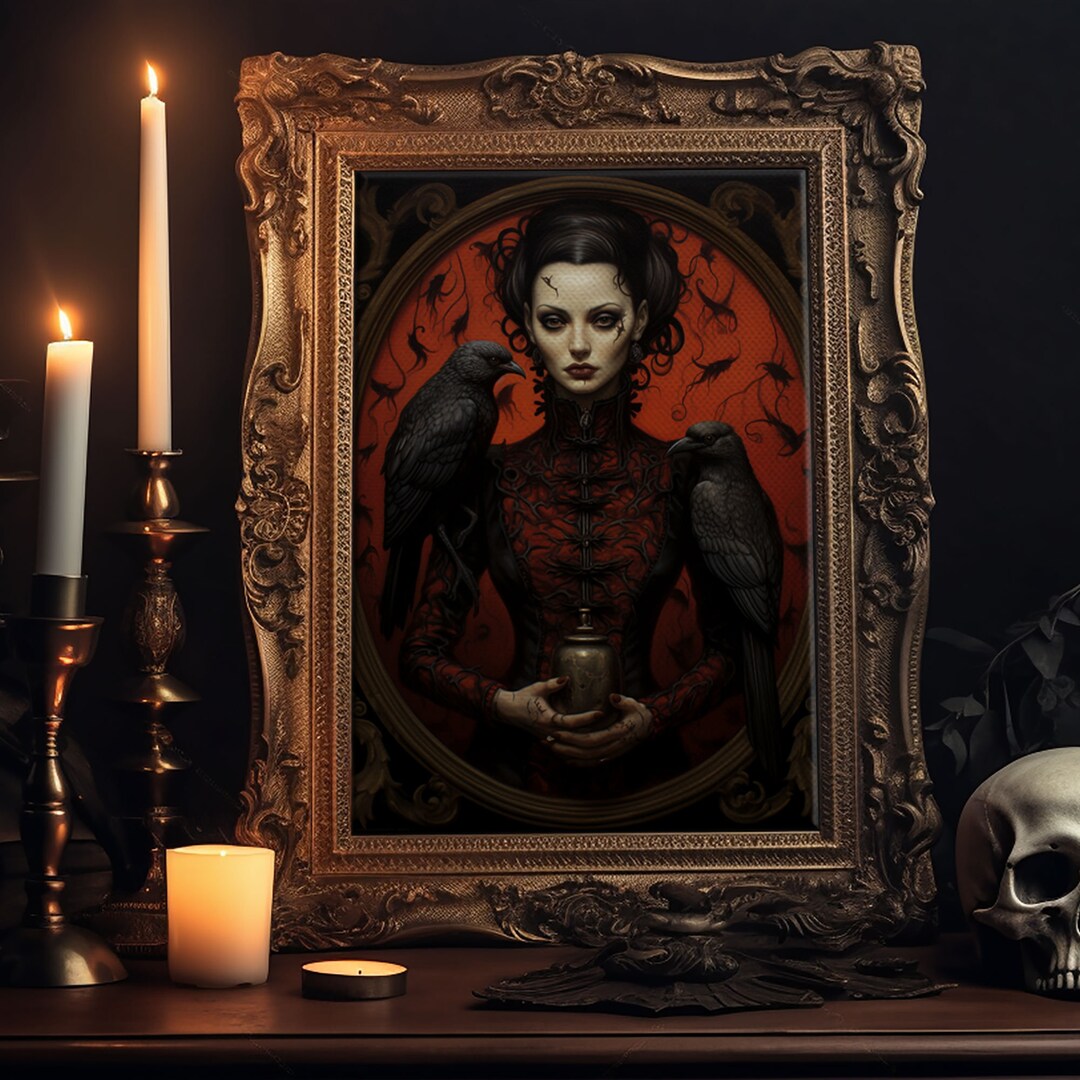 The Witch and Her Crows, Framed Canvas, Oil Painting Print, Halloween ...