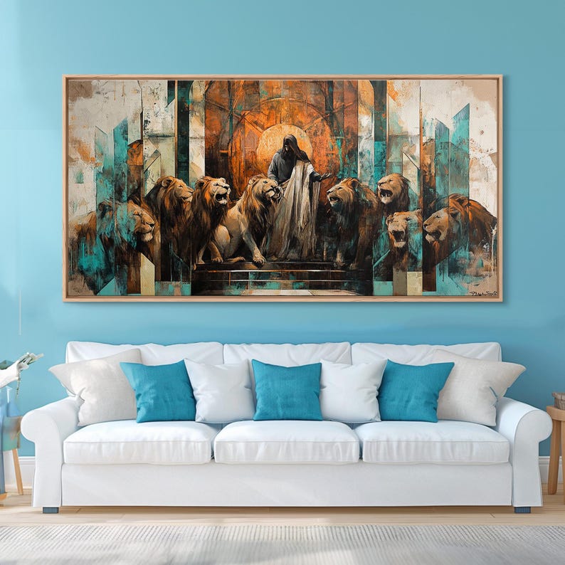 Daniel in the Lions Den Biblical Courage Scene Framed Canvas Print ...