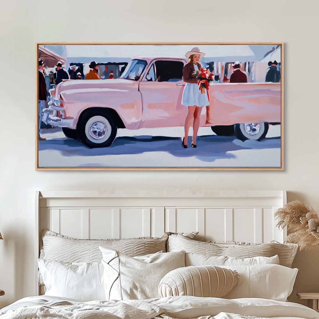 Cute Cowgirl and Her Pink Truck, Framed Canvas Print, Retro Pink Fall ...