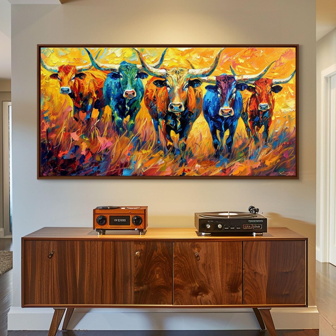 Colorful Longhorn Cattle Canvas Print: Rustic Farmhouse Art - Etsy