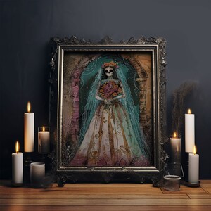 Skeleton Bride in Floral Arch Framed Canvas Print | Halloween Bride Art ...