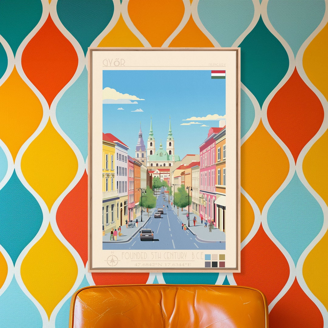 Gyor Hungary Travel Poster Framed Canvas Print, Midcentury Modern Art ...