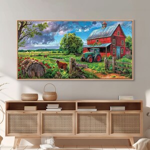 Rustic Barn With Green Tractor in Field, Stunning Country Art, Framed ...