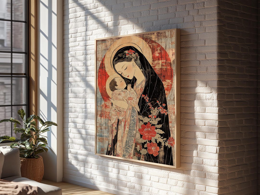 Mary Nursing the Christ Child Framed Canvas Print | Gentle Nihonga ...