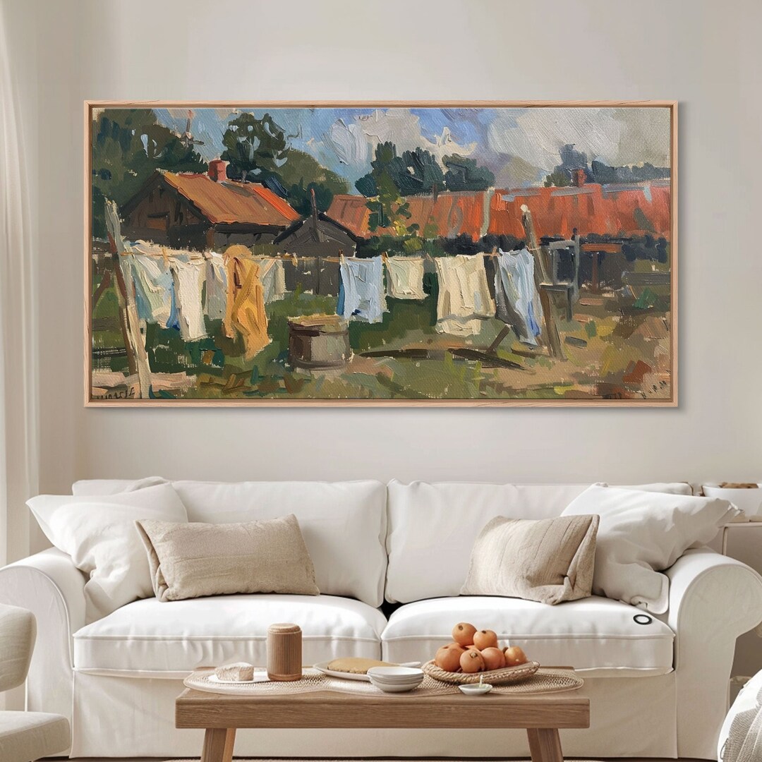 Rustic Homestead With Clothesline, Framed Canvas Print, Farmhouse Style ...