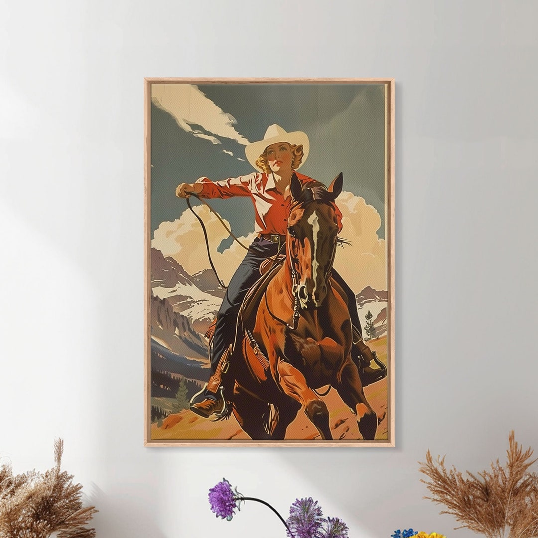 Brave Cowgirl in Mountains With Horse | Framed Canvas Print | Western ...