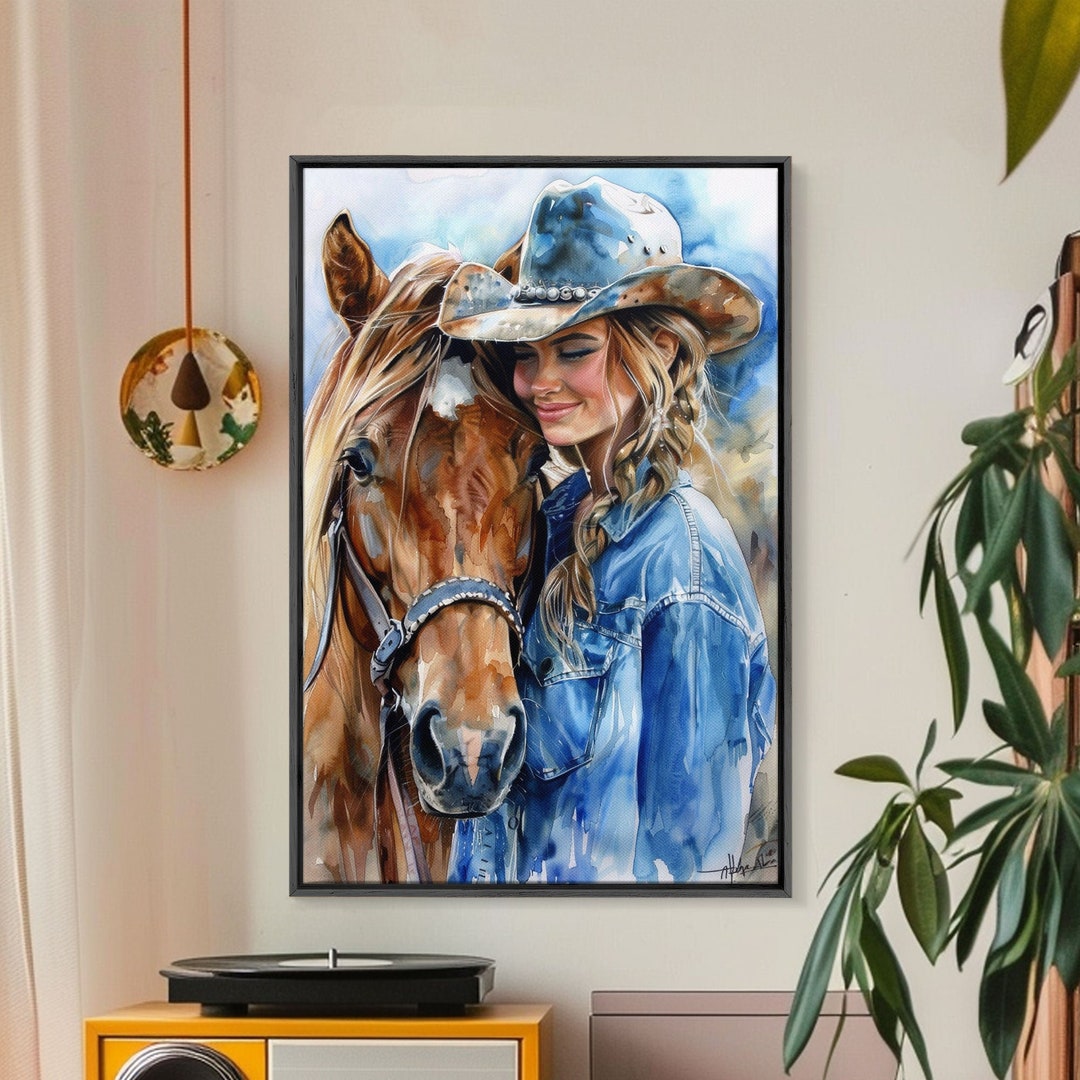 Cowgirl With Horse in Denim Outfit - Framed Canvas Print, Western Wall ...