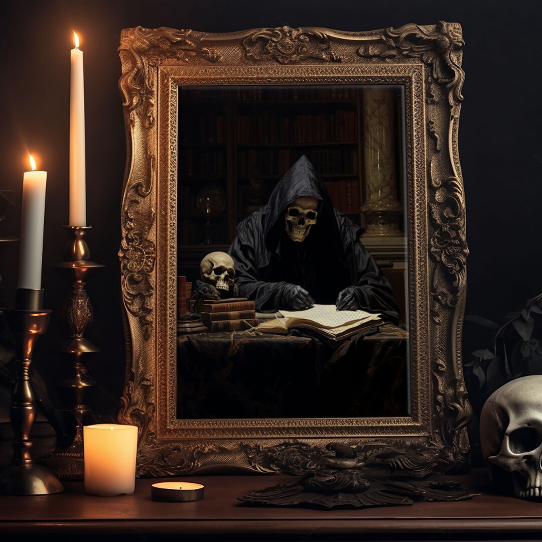 The Grim Reaper in His Study, Gothic Halloween Decor, Framed Canvas ...